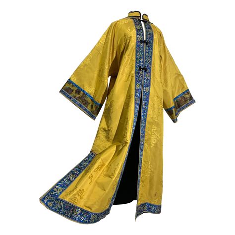 Traditional Imperial Yellow Embroidered Chinese Summer Robe W Blue