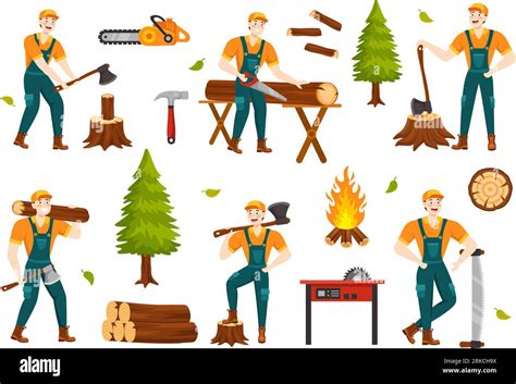 Men Chopping Wood And Cutting Tree With Lumberjack Work Equipment Machinery Or Chainsaw In Flat