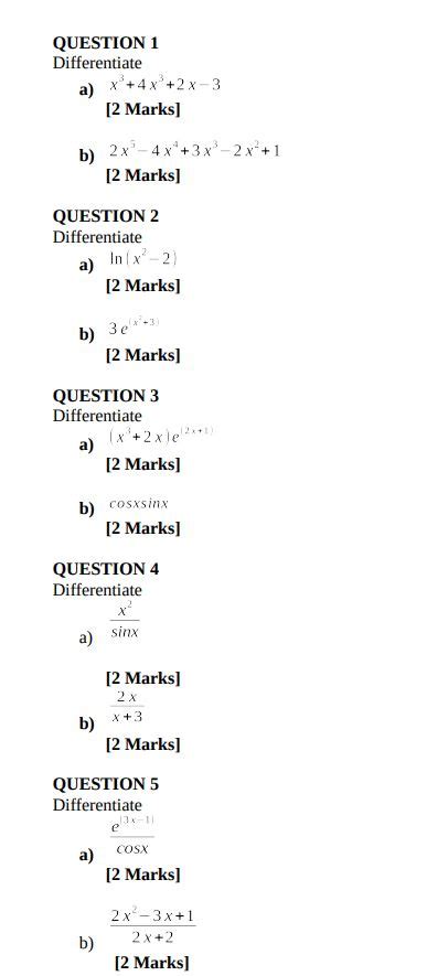 Solved QUESTION 1Differentiatea) x3+4x3+2x-3[2 | Chegg.com