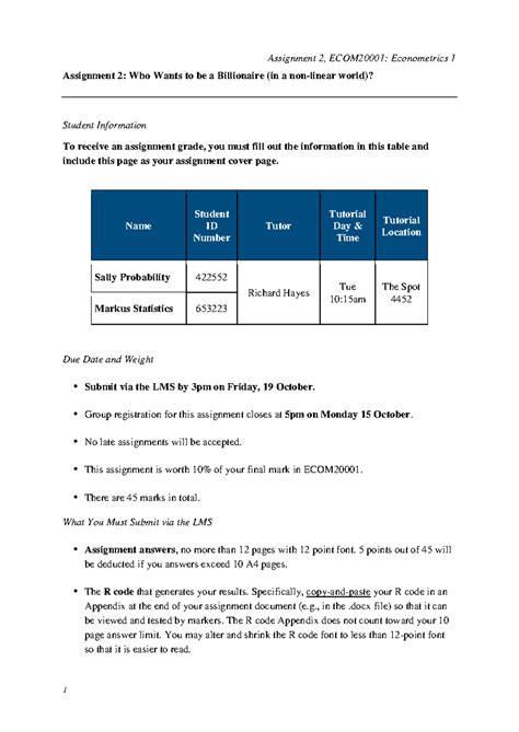 Assignment 2 Econometrics Assignment 2 Ecom20001 Econometrics 1