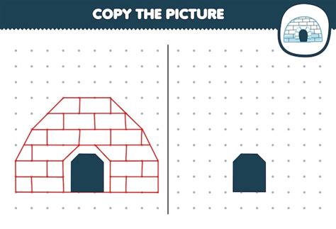 어린이를 위한 교육 게임은 도트 인쇄용 겨울 워크시트를 연결하여 귀여운 만화 이글루 그림을 복사합니다 프리미엄 벡터