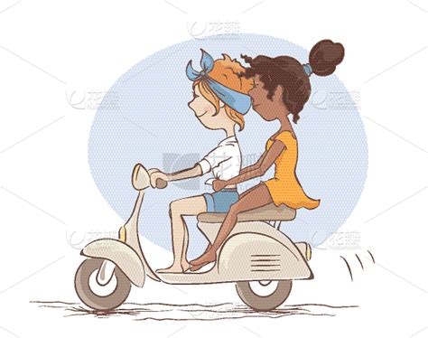 小型摩托车女孩旅途多样手提箱女人夏天户外欢乐绘画插图