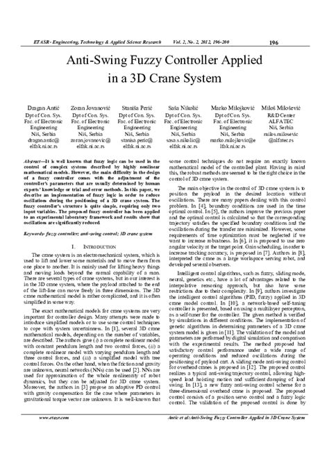 Pdf Anti Swing Fuzzy Controller Applied In A 3d Crane System