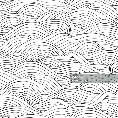 오션 웨이브 이음새가 없는 패턴 성인과 어린이를위한 색칠 공부 책 페이지 손으로 그린 흑백 바다 파도 낙서 벡터 디자인 요소 0