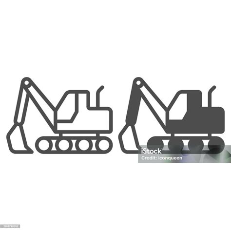바구니 선과 단색 아이콘 건설 현장 개념과 굴삭기 차량 벡터 그래픽 흰색 배경에 중장비 운송 기호 모바일 또는 웹 디자인을위한 개요 스타일 아이콘 건설 기계류에 대한 스톡