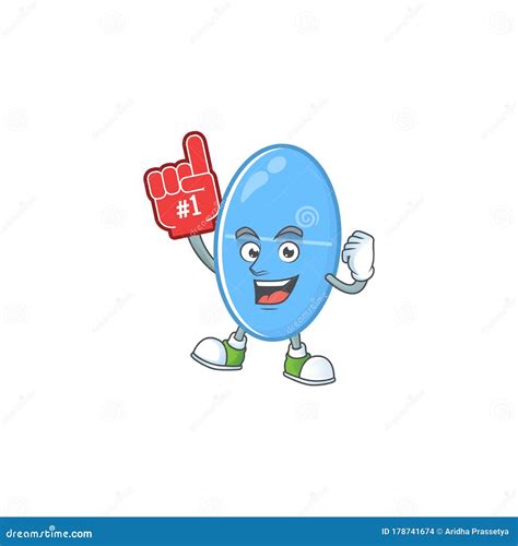 Cartoon Character Concept Of Blue Capsule Holding Red Foam Finger Stock
