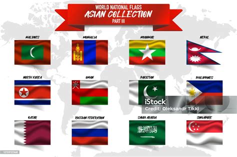 현실적인 공식 세계 국기 흔들리는 에디션의 집합입니다 벡터 일러스트 맵 배경입니다 아시아 컬렉션 몰디브 몽골 미얀마 네팔 북한 오만 파키스탄 필리핀 카타르 러시아 사우디 아