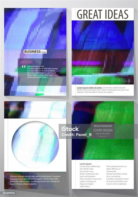 브로셔 전단 보고서에 대 한 비즈니스 템플릿입니다 커버 디자인 A4 크기에 추상 벡터 레이아웃 Glitched 배경 픽셀 다채로운 모자이크의 만든입니다 디지털 치 신호 오류