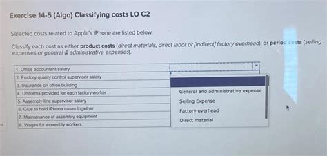 Solved Exercise Algo Classifying Costs LO C Selected Chegg
