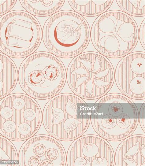 매끄러운 패턴 디자인 손으로 그린 아시아 전통 음식 딤섬 양차 빈티지 스타일의 반복 가능한 식품 배경 디자인 증기선 만두 수프 만두 새우 만두가 포함되어 있습니다 만두에