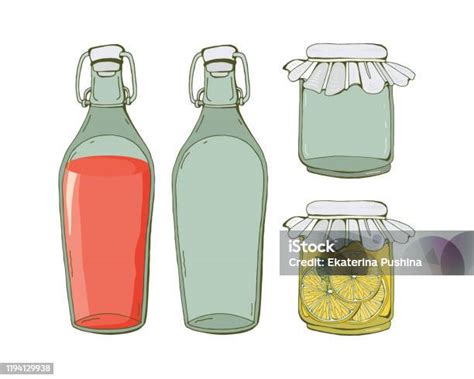 벡터에 항아리와 병의 유리 세트 음식과 음료를 저장하기위한 빈 요리 레몬 잼 항아리와 주스 한 병 흰색 배경에 격리된 개체입니다 손으로 그린 그림입니다 0명에 대한 스톡