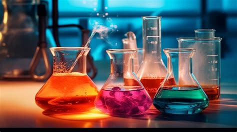 Premium AI Image A Row Of Beakers With Orange Pink And Blue Liquid In Them