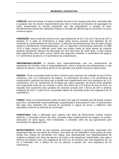 Memorial Descritivo 001 Pdf Argamassa Alvenaria Alvenaria