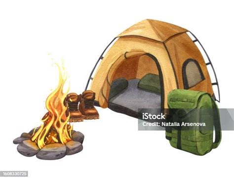 텐트 배낭 부츠 장작이 있는 수채화 배너 캠프장 손으로 그린 그림은 흰색 배경에 고립되어 있다 관광 하이킹 야외 레크리에이션을 테마로 한 디자인 가방에 대한 스톡 벡터 아트