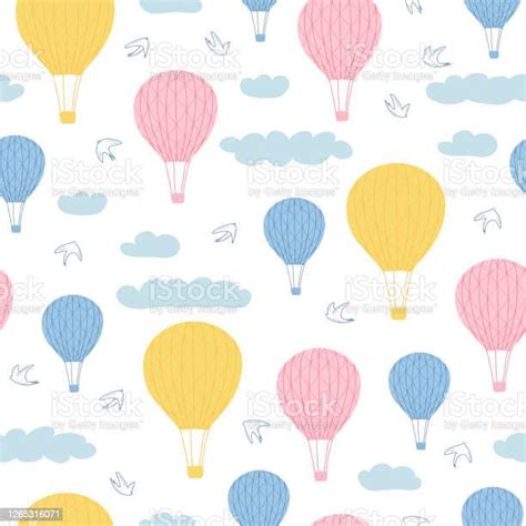 흰색 배경에 공기 풍선 구름과 새와 아이들의 원활한 패턴 키즈 룸 디자인 벽지 직물 포장지 의류에 대한 귀여운 질감 벡터 일러스트레이션 0명에 대한 스톡 벡터 아트 및 기타