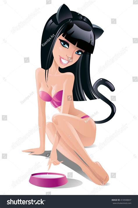 Sexy Cat Woman Girl Cat Long Black Stock Illustration 414948847