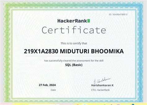 Passed Sql Basic On Hackerrank Miduturi Bhoomika Posted On The Topic Linkedin
