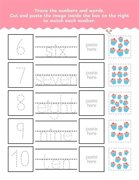 Six To Ten Number And Word Tracing Worksheet Cut And Paste Worksheet