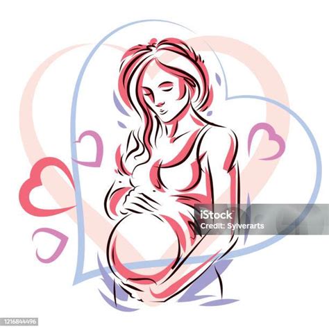 하트 모양 프레임에 둘러싸인 아름 다운 임신 한 여성의 몸 실루엣 마더 투그린 벡터 일러스트레이션 행복과 배려 테마 일러스트레이션에 대한 스톡 벡터 아트 및 기타 이미지