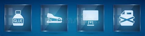 set glue stapler computer monitor and delete file document square glass panels vector stock