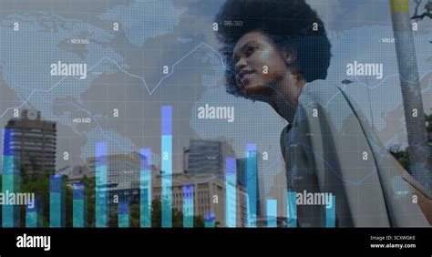 Woman Wearing Blazer Analyzing Data Over City Skyline Overlaying Bar Charts Map Grid Copy