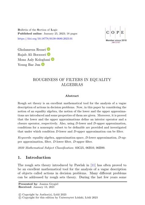 Pdf Roughness Of Filters In Equality Algebras