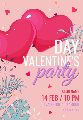 발렌타인 데이 파티 포스터는 하트와 식물 열대 디자인으로 분홍색 배경에 칠판에 대한 스톡 벡터 아트 및 기타 이미지 칠판