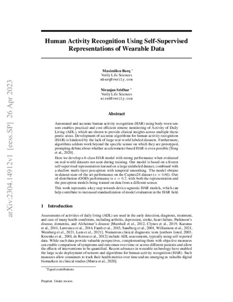 Pdf Human Activity Recognition Using Self Supervised Representations Of Wearable Data