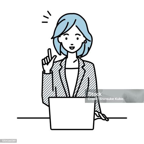 그녀의 책상에서 손 제스처를 가리키는 아이디어를 받고 노트북 컴퓨터를 사용하여 비즈니스 정장 스타일의 여성 가리키기에 대한 스톡 벡터 아트 및 기타 이미지 Istock