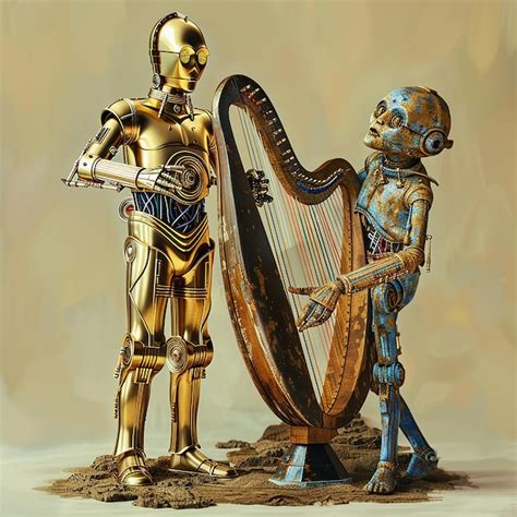 A Gold Robot And A Man Playing A Harp Premium Ai Generated Image