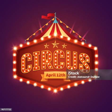 서커스 빛 기호입니다 밝은 전구 돔 텐트 빈티지 서커스 배너 하이라이트 금 별 리본 및 Garlands 재미 박람회 벡터 포스터입니다 텍스트와 밝은 복고풍 프레임 Eps