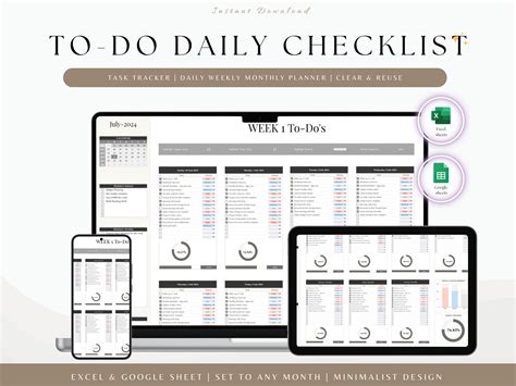 Excel To Do List Tracker Daily Checklist Google Sheet Planner Template Daily Weekly Monthly Task