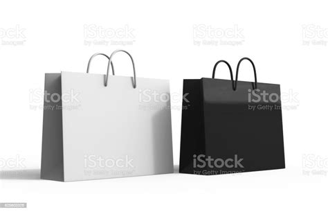 흰색과 검은색 빈 쇼핑 종이 봉지를 모의 흰색 배경에 고립 및 템플릿 디자인 3d 렌더링 그림입니다 가방에 대한 스톡 사진 및 기타 이미지 Istock