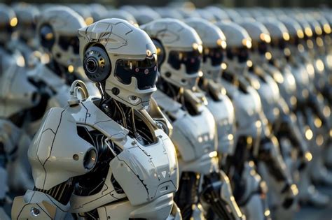 A Closeup Shot Of An Army Of Robotic Soldiers Marching In Perfect Formation An Army Of Robotic