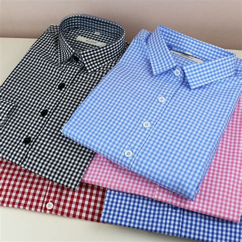 品质黑白格子衬衫女长袖宽松大码蓝色粉色红色绿色小格子衬衣纯棉虎窝淘