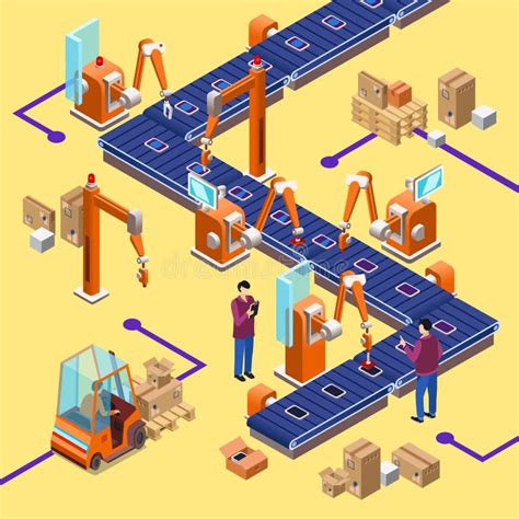 Vector Isometric Automatic Robotic Assembly Line Stock Vector Illustration Of Electronic