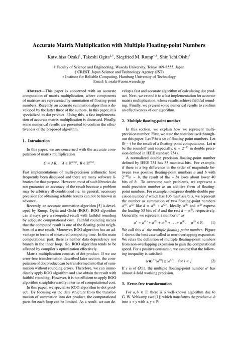 Pdf Accurate Matrix Multiplication With Multiple Floating Point Numbers