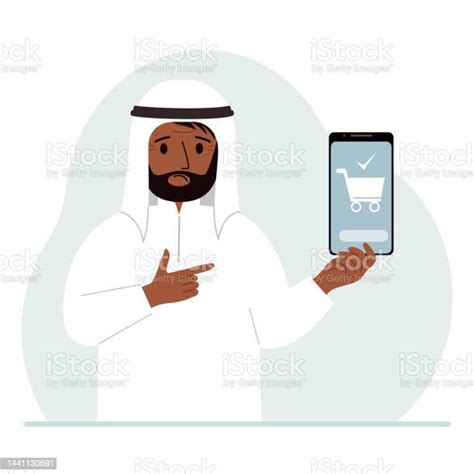 한 남자가 온라인 쇼핑을위한 응용 프로그램과 함께 휴대 전화를 손에 들고 있습니다 전화기에 장바구니가 있습니다 고객에 대한 스톡 벡터 아트 및 기타 이미지 Istock