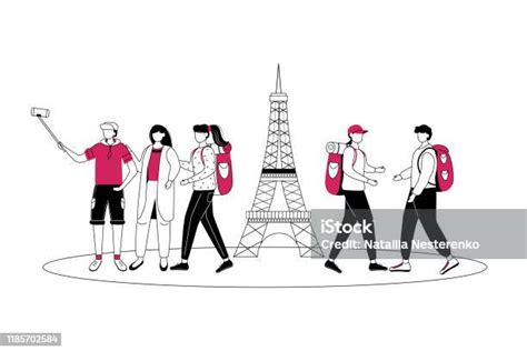 파리 플랫 윤곽 벡터 그림에서 주말 흰색 배경에 프랑스 고립 만화 개요 문자로 여행 여행 에 관광 유럽 관광 간단한 그림 가공의