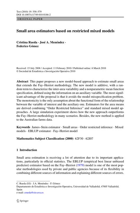 Pdf Small Area Estimators Based On Restricted Mixed Models