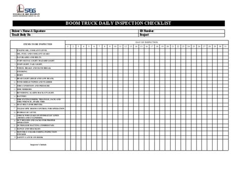 Boom Truck Inspection Checklist Daily Pdf