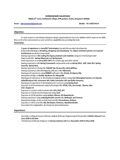 Sample Resume Pdf Spring Framework Java Platform