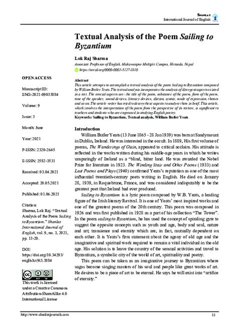 Pdf Textual Analysis Of The Poem Sailing To Byzantium