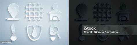 세트 넥타이 무대 스탠드 또는 토론 연단 깃털 잉크병 발자국 돋보기 감옥 창 및 사람 아이콘의지도 마커 실루엣 벡터 3차원 형태에 대한 스톡 벡터 아트 및 기타 이미지