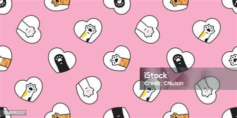 고양이 발 원활한 패턴 벡터 심장 발렌타인 키 튼 옥 양 목 만화 스카프 고립 된 타일 배경 반복 벽지 그림 핑크 갈고리 발톱에 대한 스톡 벡터 아트 및 기타 이미지