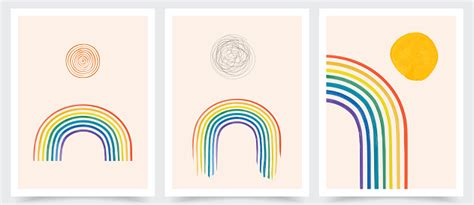 벡터 그림입니다 낙서 손으로 그린 요소 추상 포스터 세트 현대적인 배경 다채로운 무지개 엽서 책 표지 브로셔 전단지 브로셔용 디자인 50년대 60년대 레트로 그래픽 무지개에