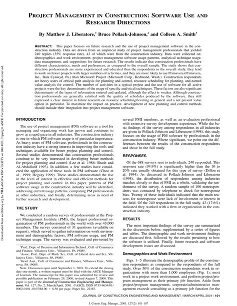 Pdf Project Management In Construction Software Use And Research Directions