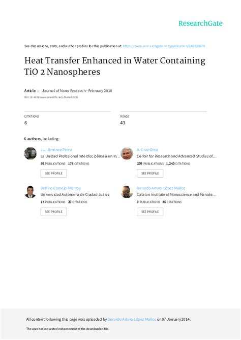 Pdf Heat Transfer Enhanced In Water Containing Tio 2 Nanospheres