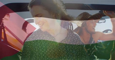 Riding With Translucent Flag Overlay Two People Experiencing Animation Effects Stock Video