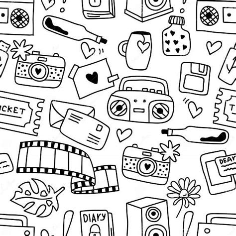 Tape Recorder Camera Camera Film And Other Memory Elements In Seamless Pattern Doodle Style